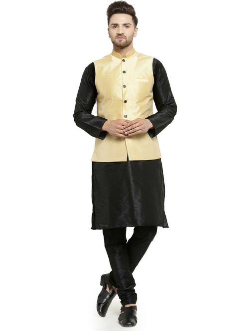 Buy Benstoke Men's Silk Blend Black Kurta With Pyjama & Gold Nehru ...
