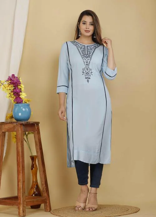 Buy Mehsoos Women Sky Blue Embroidered Viscose Rayon Straight Kurta ...