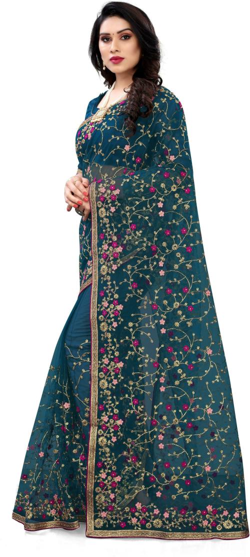 Buy Serona Fabrics Women Blue Self Design Net Regular Saree Online at ...