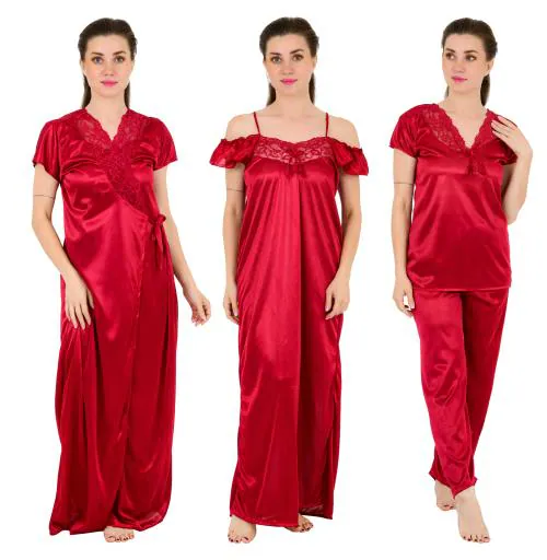 Buy Keoti Women's Satin Maroon Color Nightwear - Pack of 4 (Robe, Full ...