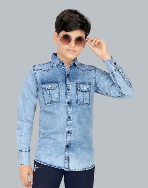 Buy Fashion Grab Boys Light Blue Solid Denim Shirt (Pack of 2) Online ...