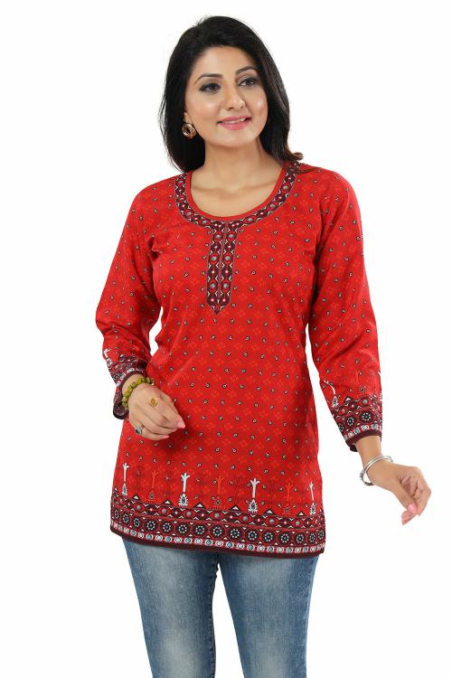 Buy KESHUBABA Women's Red Faux Crepe Printed 3/4th Sleeve Round Neck ...