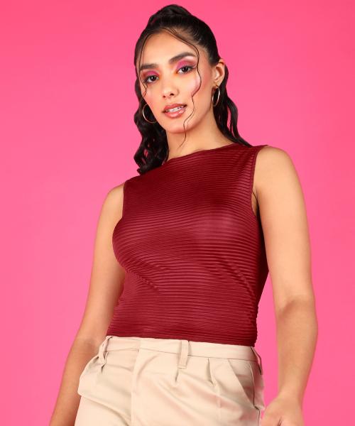 Buy Popwings Women Casual Self Design Wrinkle Styling Maroon Crop Top | Women Tops | Women ...