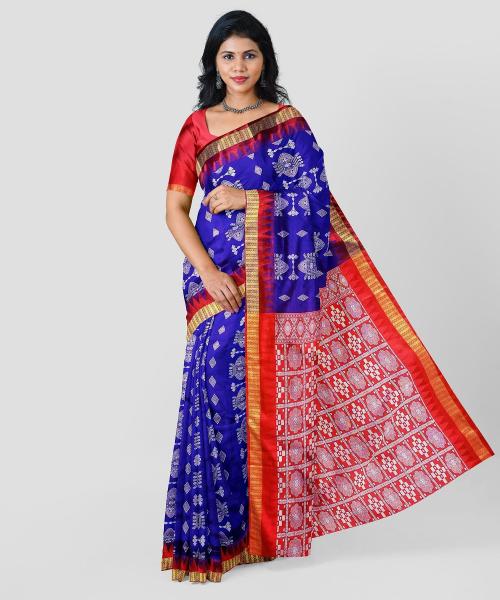 Buy GS Creation Hozaifa Sarees Women Dark Blue Woven, Temple Border, Embellished Cotton Silk ...
