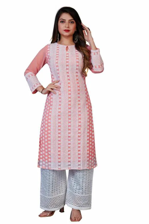 Buy Snizvi Women's Georgette Hand Embroidered Chikankari Lucknowi Kurta ...