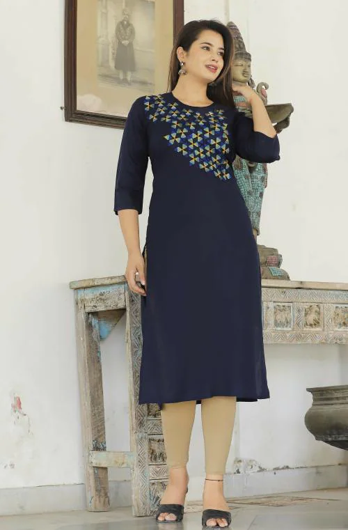 Buy Mehsoos Women Dark Blue Embroidered Viscose Rayon Straight Kurta ...