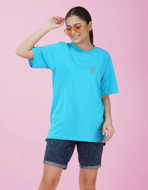 Buy Nusyl Women Sky Blue Logo Print oversized t-shirt Online at Best Prices in India - JioMart.