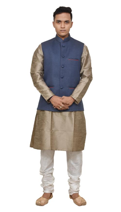 Buy HFP Men's Copper Gold silk Kurta White Churidhar With Navy Blue ...