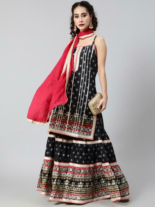 Buy Black & Red Printed Lace Work Kurta Sharara With Dupatta & Potali ...