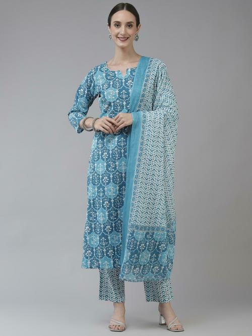 Buy Yufta Women Blue Screen print stone and beads work Kurta with ...