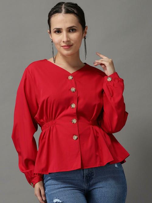 Buy SHOW OFF Women's Red Solid Polyester Cinched Waist Top Online at ...