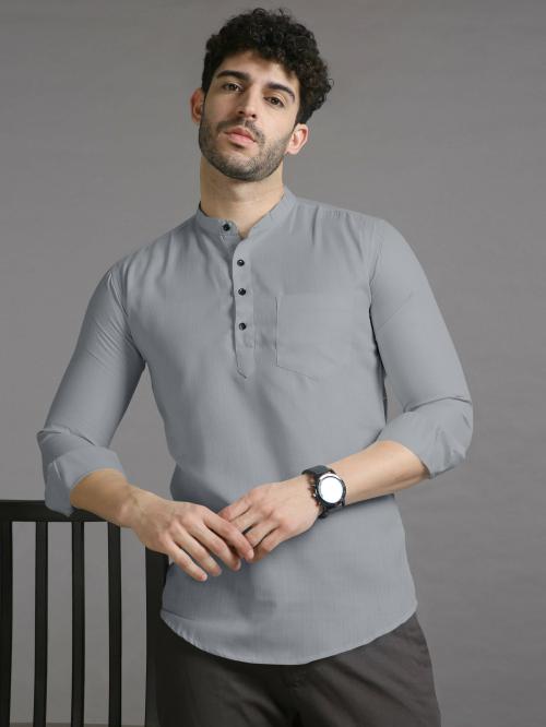 Buy MENTIFIC Men Solid Cotton Blend Straight Kurta (Grey) Online at ...