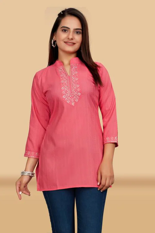 Buy FanciFlair Rayon Embroidered Pink Short Kurti for Women Online at ...