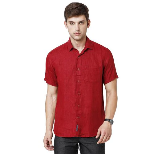 Buy Linen Club Men's Pure Linen Red Chambray Regular Fit Half Sleeve Casual Shirt Online at Best ...