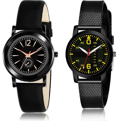 Buy TIMENTER Modern Fashion Simple Black Colour Analog Genuine Leather ...