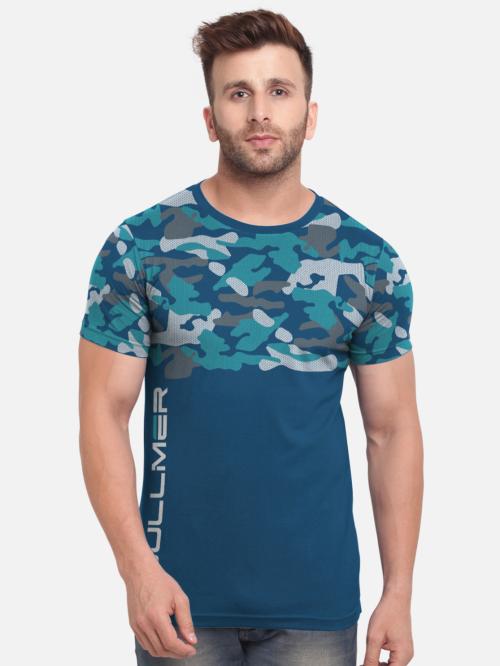 Buy BULLMER Blue Printed Half sleeve Single Round Neck T-shirt For Men ...