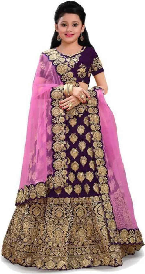 Buy FLENSIRA Girls Purple Embroidered Pure Silk Ghagra With Choli And ...