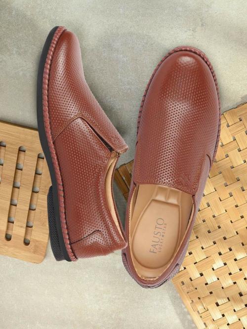 Buy FAUSTO Men Tan Textured Formal/Office Broad Toe Leather Slip On ...