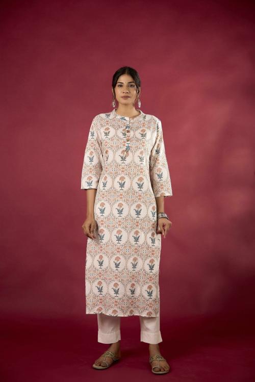 Buy Sa Rasa Women Beige Floral Print Viscose Rayon Straight Kurta ...