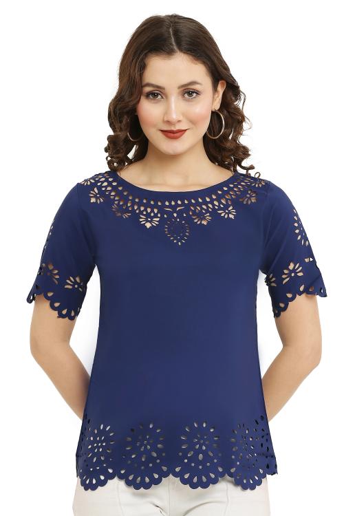 Buy PREEGO Women Blue Half Sleeves Self Design Top Online at Best ...