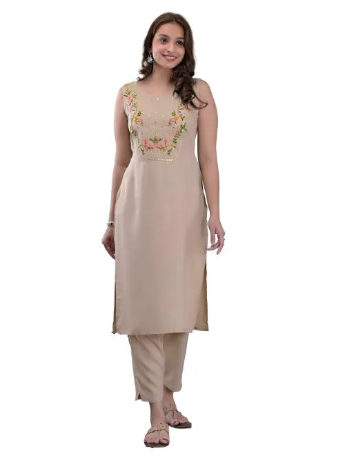 Buy Maquien Women Beige Embroidered Rayon Kurta Suit Set Online at Best ...