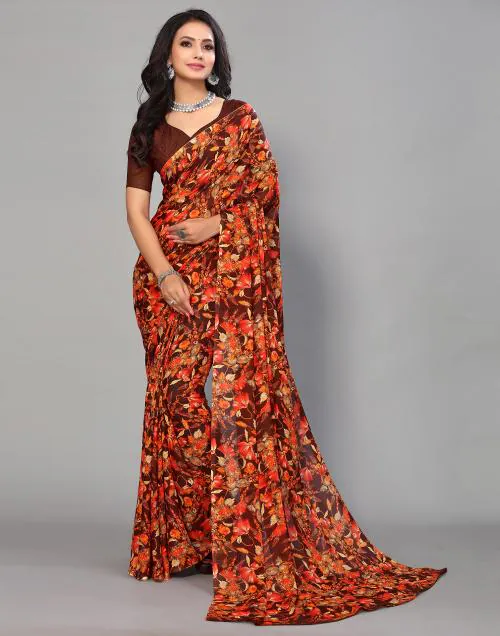 Buy Siril Georgette Multicolor & Brown Color Saree with Blouse piece ...