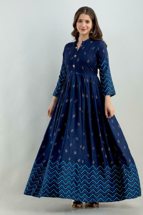 Buy AAYSA Women Dark Blue Printed Viscose Blend Flared Kurta (XL ...