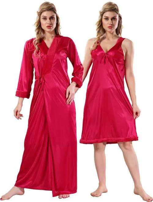 Buy Be You Women Deep Pink Solid Satin Nighty With Robe Online at Best ...