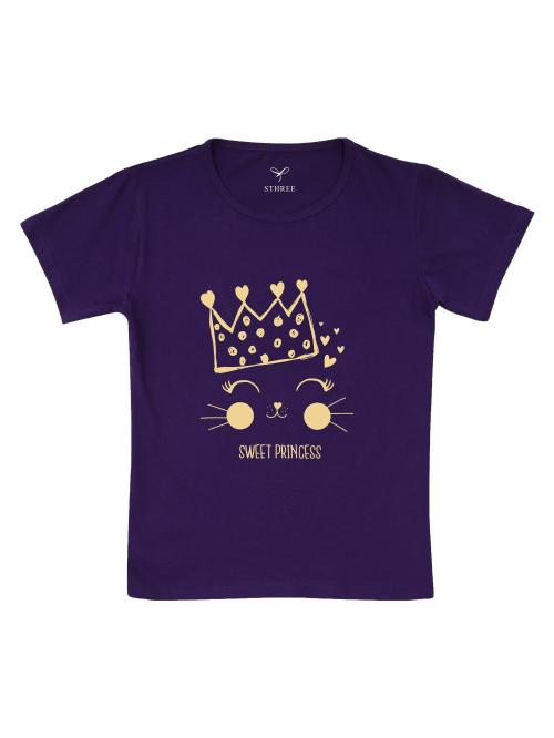 Buy Sthree Enchanting Purple Tee: Golden Crown, Cat Face, and 'Sweet ...