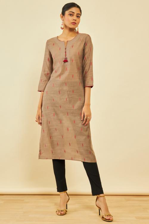 Buy Soch Womens Grey Silk Blend Ikkat Print Kurta With Thread Work ...