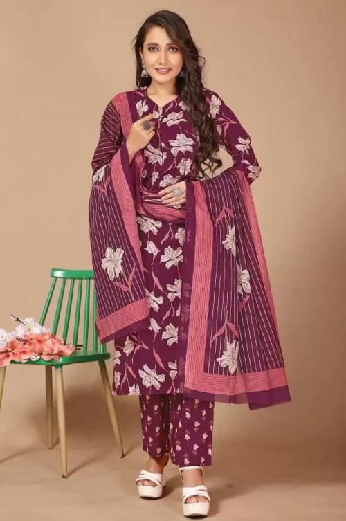 Buy PASIKA Women Pure Cotton Kurti Pant Dupatta Set - Purple (XXL) Online at Best Prices in ...