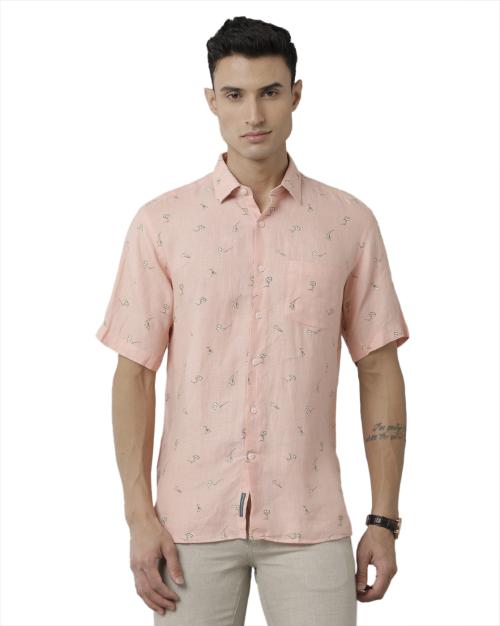 Buy Linen Club Men's Pure Linen Red Printed Regular Fit Half Sleeve Casual Shirt Online at Best ...