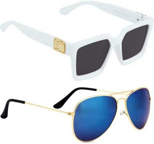 RMKK Retro Square, Aviator Sunglasses (For Men & Women, Blue, Black ...
