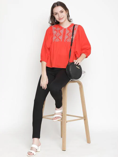 Buy Oxolloxo Buzzy orange embroidery women oversized top Online at Best ...