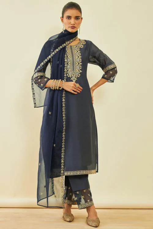 Buy Soch Womens Grey Chanderi Embroidered Salwar Suit With Sequins ...