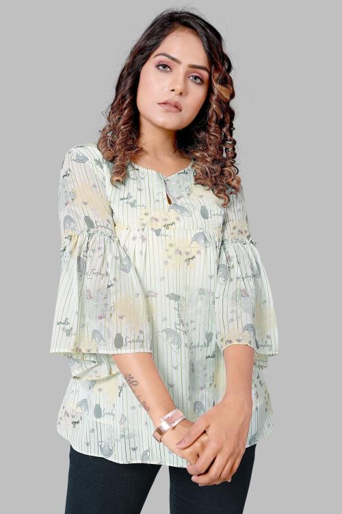 Buy Qosha Women Light Green Floral Print Georgette Regular Top - L ...