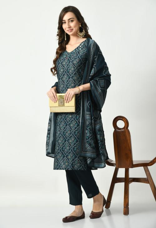 Buy S MAJIDA Turquoise Ajrakh Printed Kurta Set for Women with Dupatta ...