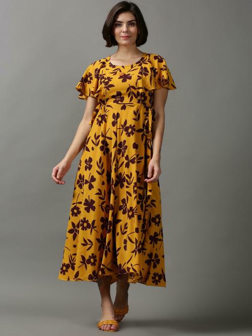 Buy SHOW OFF Women's Mustard Printed Polyester Maxi Dress Online at ...
