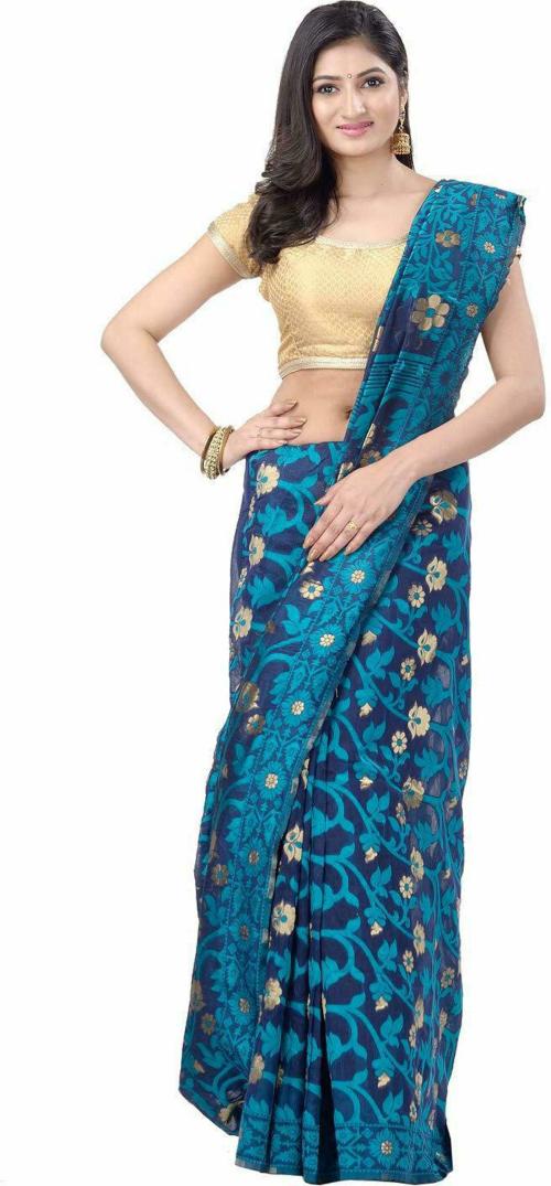 Buy Desh Bidesh Women Dark Blue, Blue Pure Cotton Embroidered Saree Online at Best Prices in ...