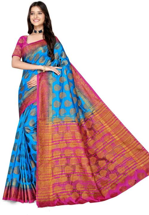 Buy Devi creation Women Printed Bollywood Jacquard Saree Blue Online at ...
