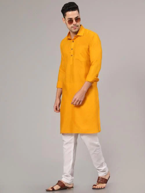 Buy IrisTheStudio Men Yellow Cotton Blend Solid Pathani And Pant Set ...