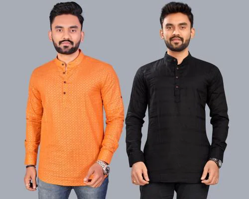 Buy Adwyn Peter Men Orange and Black Printed Pure Cotton Straight Kurta ...