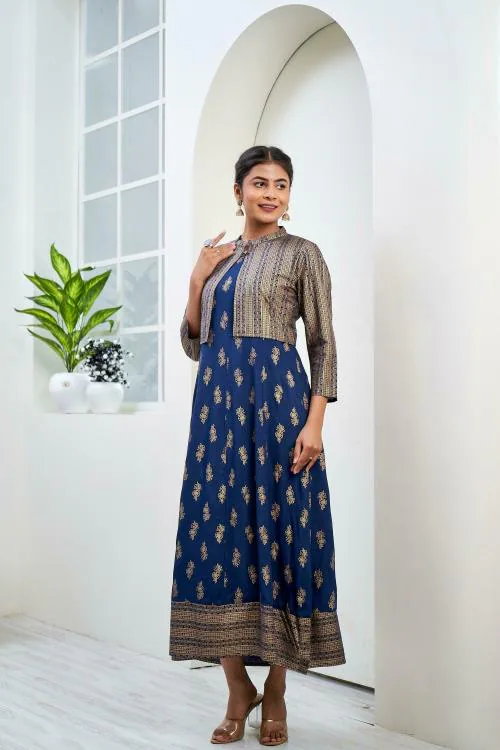 Buy Sa Rasa Women Blue Floral Print Viscose Rayon Anarkali Kurta Online ...