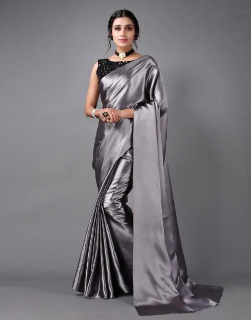 Buy Siril Women Satin Silk Grey Dyed Saree | sarees for Women| saree ...