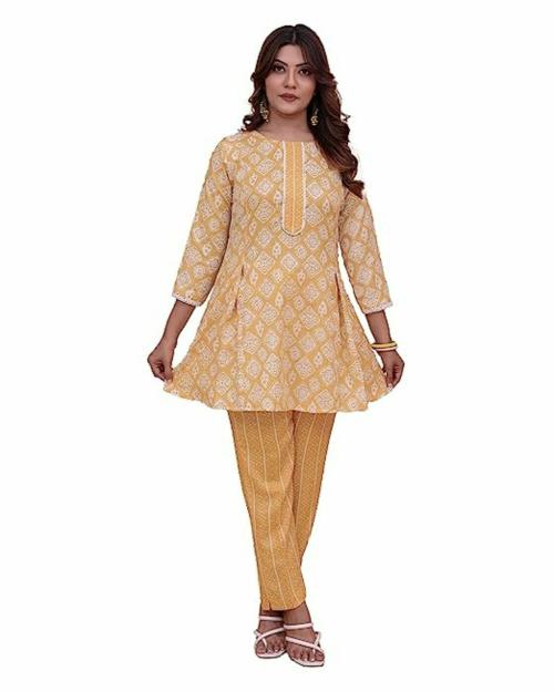 Buy AVSAR Women's Cotton Printed Short Kurti with Pant Yellow ( XXXL ...