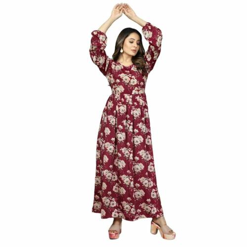 Buy Concy Girls Maroon Floral Print Silk Blend Puff Sleeves Anarkali ...