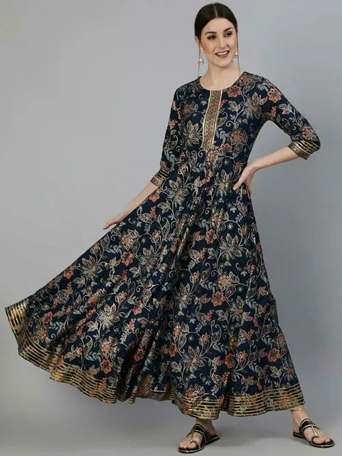 Buy GURRA Women Dark Blue Floral Viscose Rayon Gown Kurta (M) Online at ...