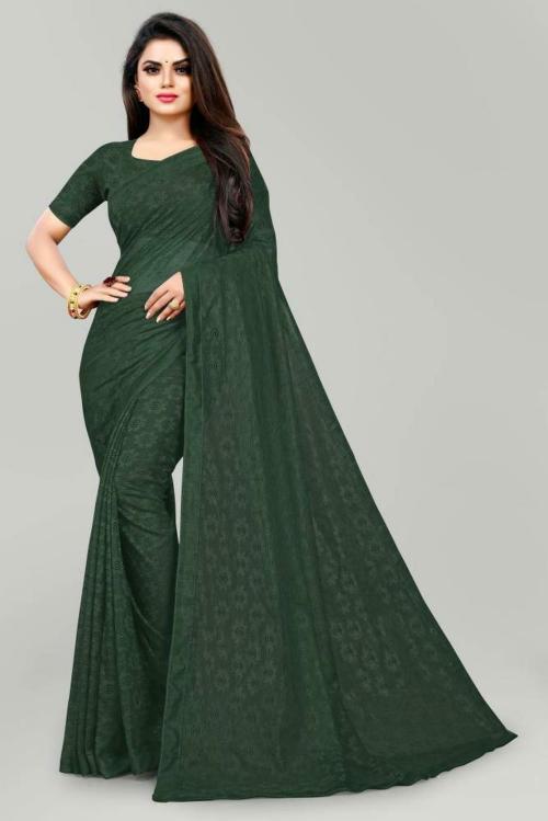 Buy VANRAJ CREATION Women Dark Green Self Design Net Saree Online at ...