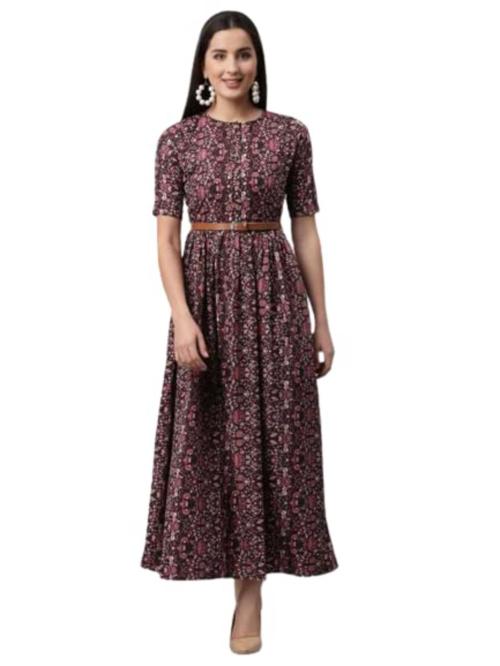 Buy Helwin Designer Women Floral Printed Cotton Maxi Dress With Belt ...