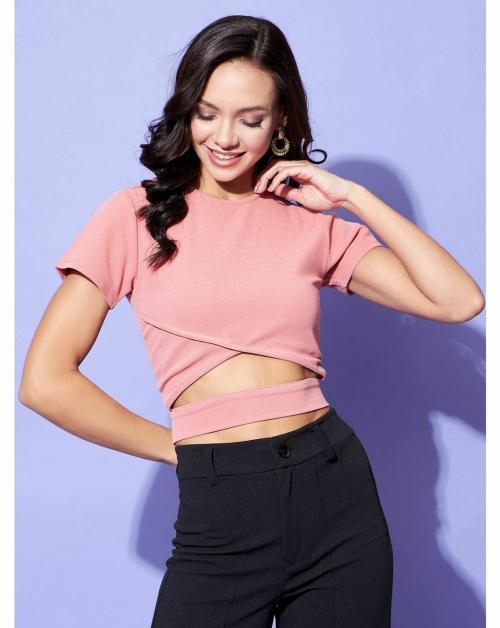 Buy StyleStone Women's Short Sleeve Belly Cut Out Crop Top- Pink Online ...